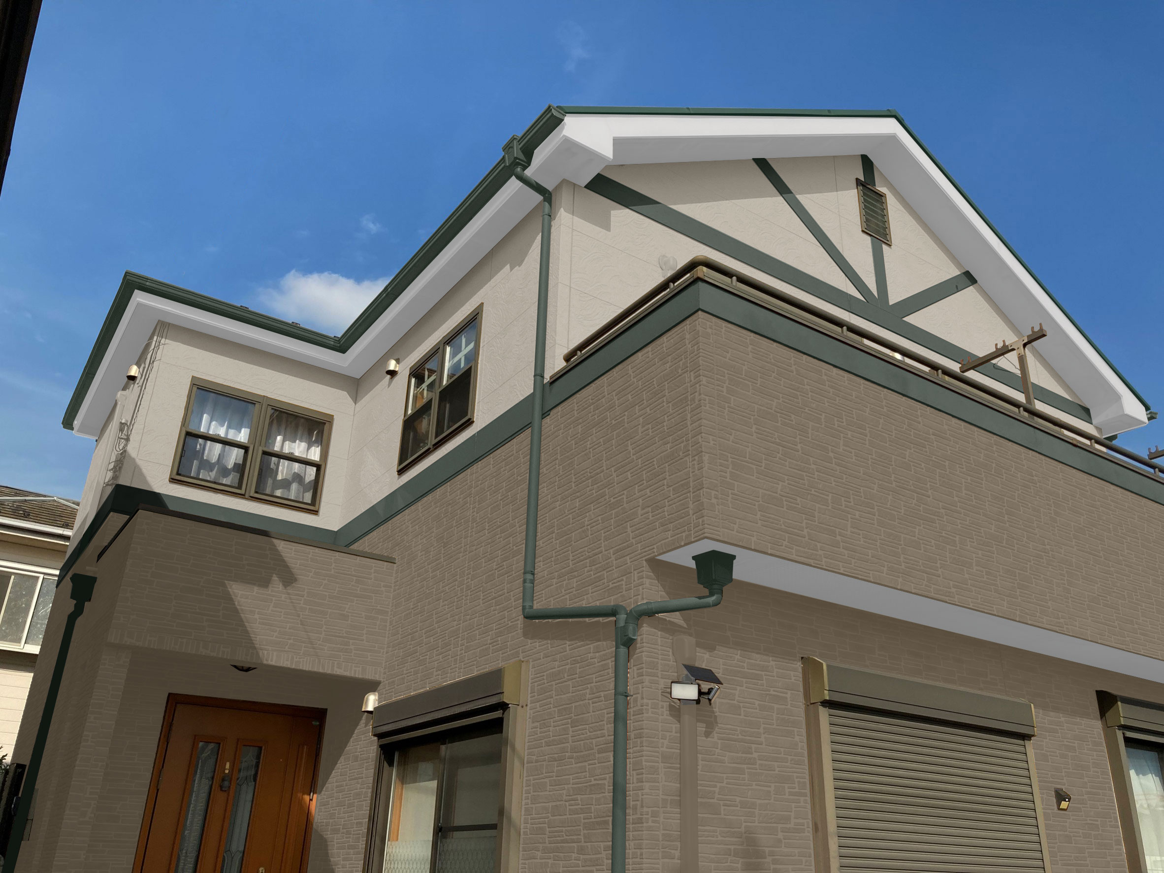 越谷市 屋根と付帯部のアクセント色をグリーンで統一(*' ')外壁は人気のベージュ×アイボリーで2色分け！