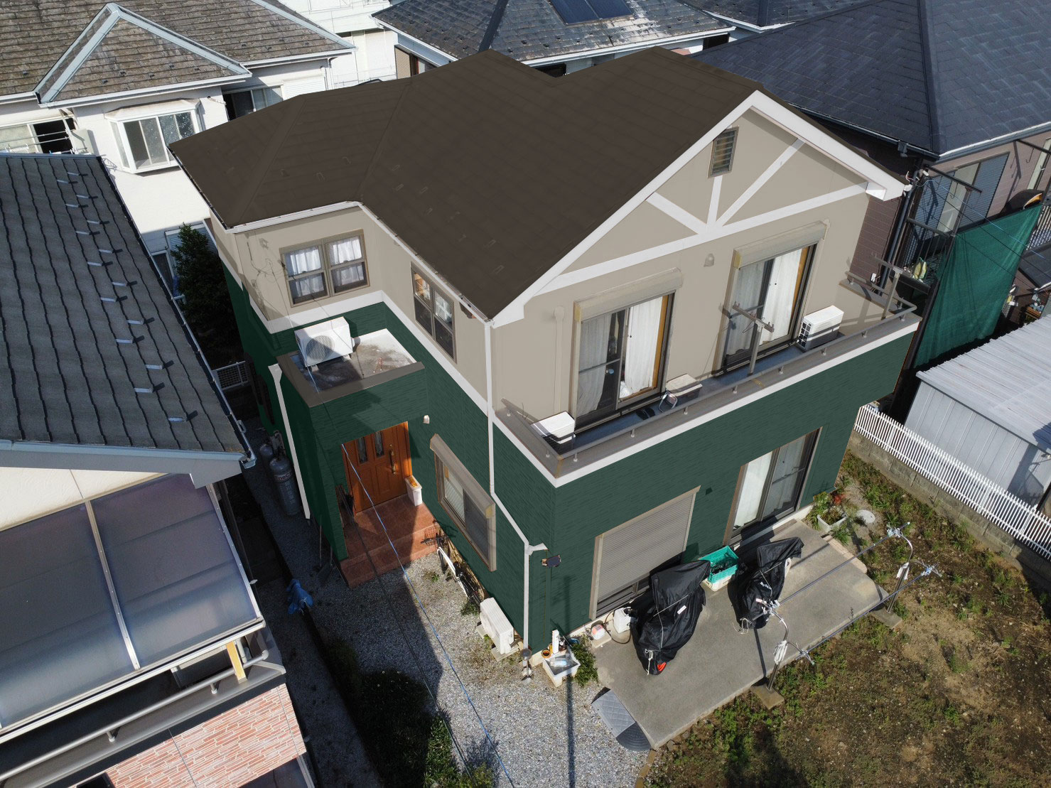 越谷市 屋根と付帯部のアクセント色をグリーンで統一(*' ')外壁は人気のベージュ×アイボリーで2色分け！